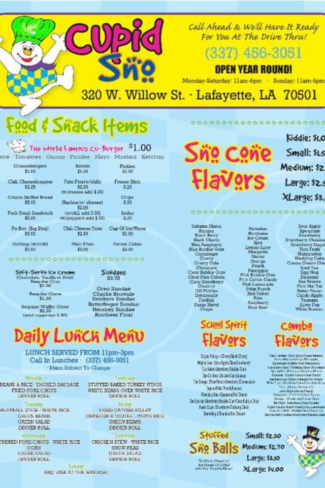 Menu at Cupid's Snow, Lafayette