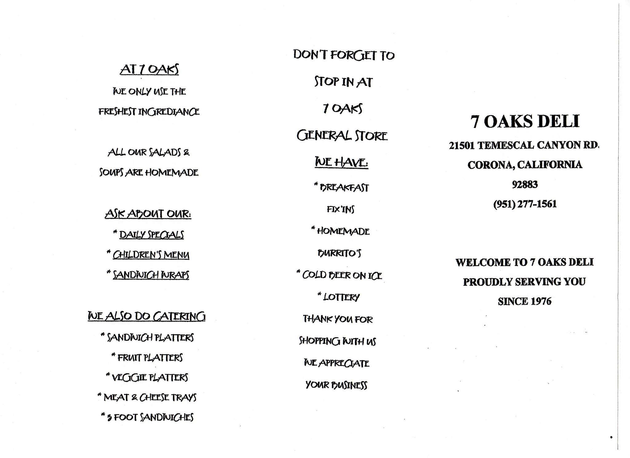 Menu at 7 Oaks Deli restaurant, Corona