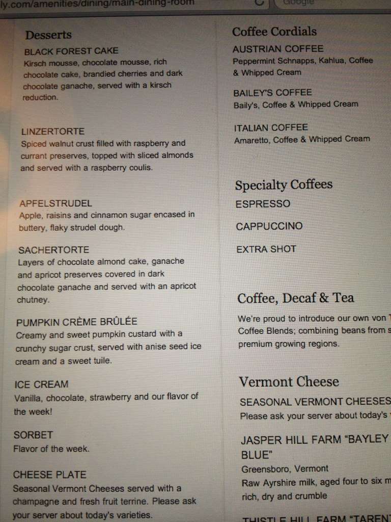 Menu at Trapp Family Lodge restaurant, Stowe, 700 Trapp Hill Rd