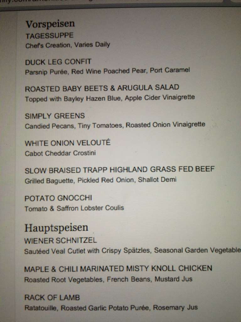 Menu at Trapp Family Lodge restaurant, Stowe, 700 Trapp Hill Rd