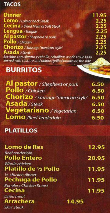 Menu at El Pollo Feliz restaurant, Chicago, S Blue Island Ave