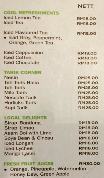 Menu at Melting Pot Cafe, Kuala Lumpur