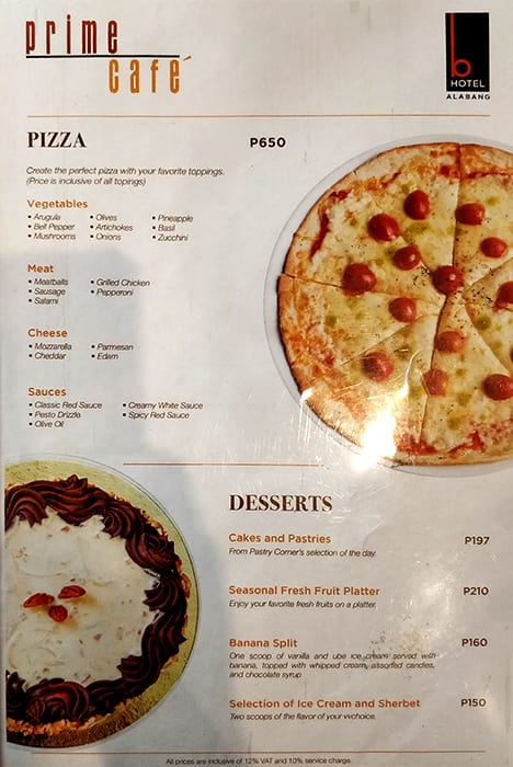 Menu at Prime Cafe - B Hotel Alabang, Muntinlupa
