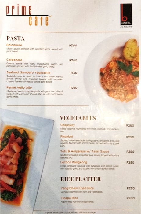 Menu at Prime Cafe - B Hotel Alabang, Muntinlupa