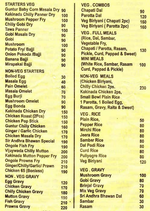 Sri Andhra Bhavan Menu, Menu for Sri Andhra Bhavan, Marathahalli ...