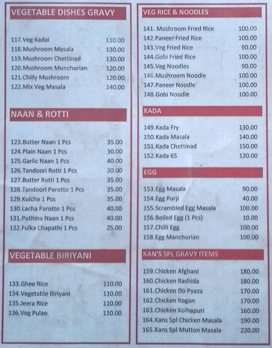 Menu at Kans Biryani, Chennai