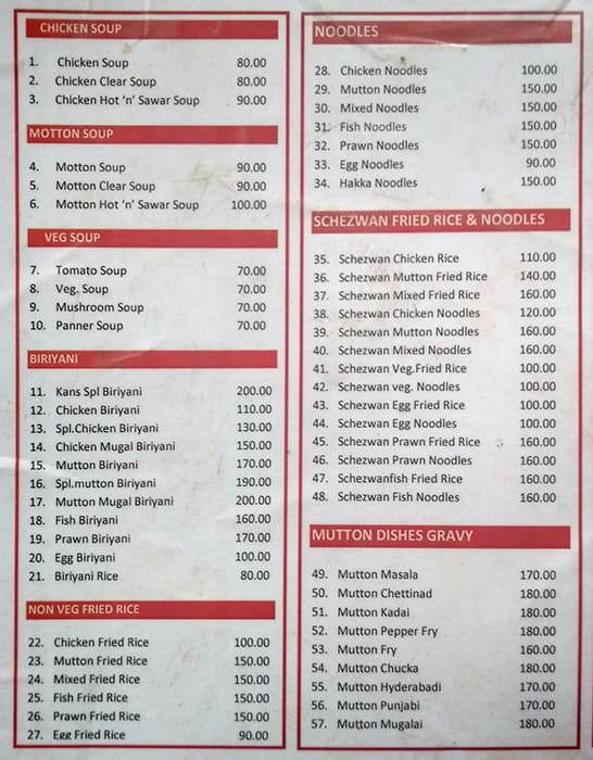 Menu of Kans Biryani, Madipakkam, Chennai