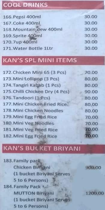 Menu at Kans Biryani, Chennai