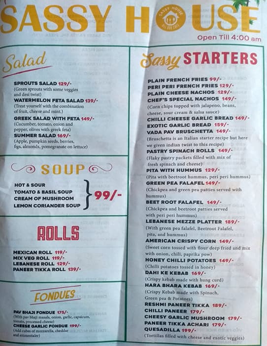 Menu Of Sassy House All Day Cafe Vijay Nagar Indore