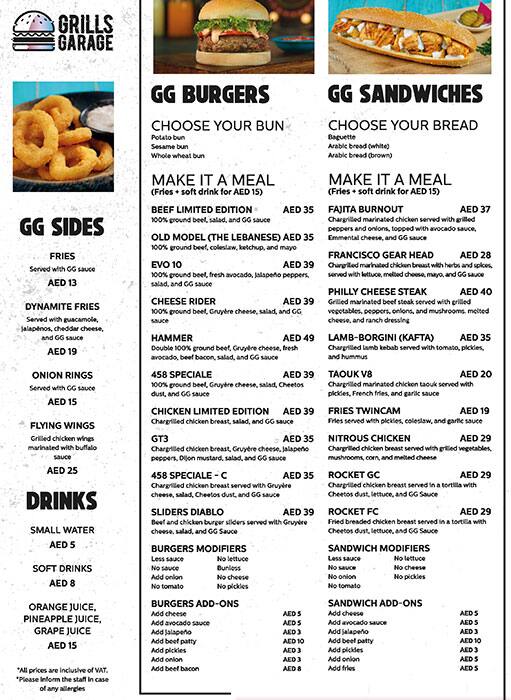 Menu at Grills Garage restaurant, Dubai, Ontario Tower