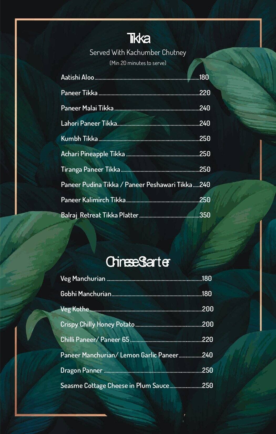 Menu at Balraj Retreat, Gavhalu