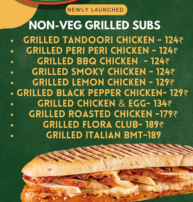 Menu of Flora's Subs, Jail Road, New Delhi