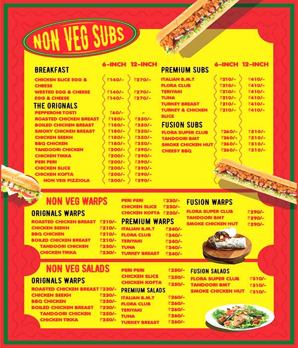 Menu at Flora's Subs, New Delhi