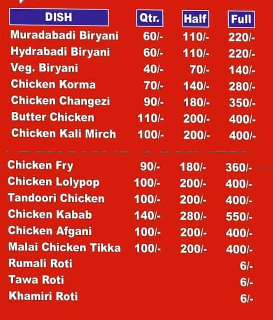 Menu of Chicken Biryani, Sion, Mumbai