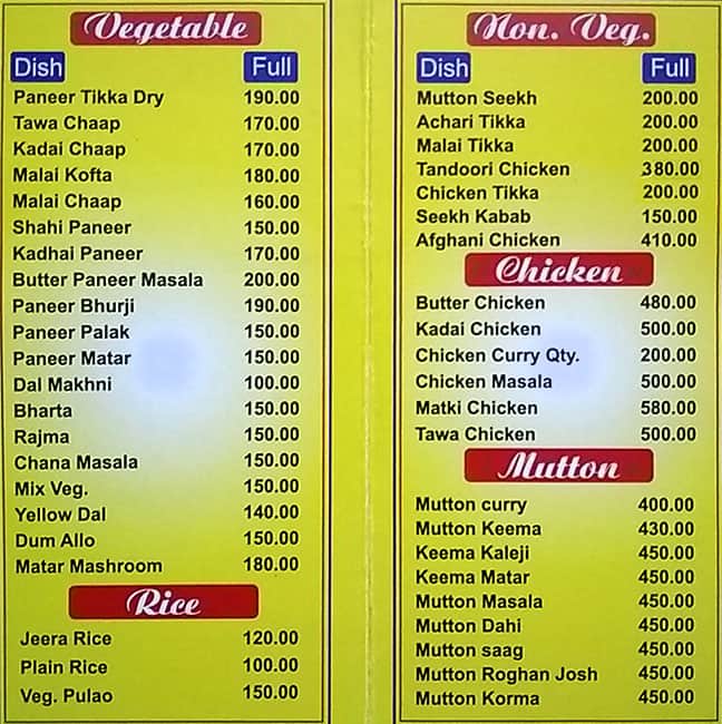 Menu at Ballu ka Dhaba, New Delhi