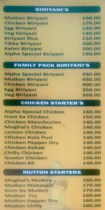 Menu at Alpha restaurant, Bengaluru, N254-107