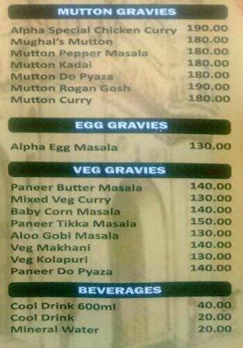 Menu at Hotel alpha, Bengaluru, 107/P4, Praveen Transport Complex