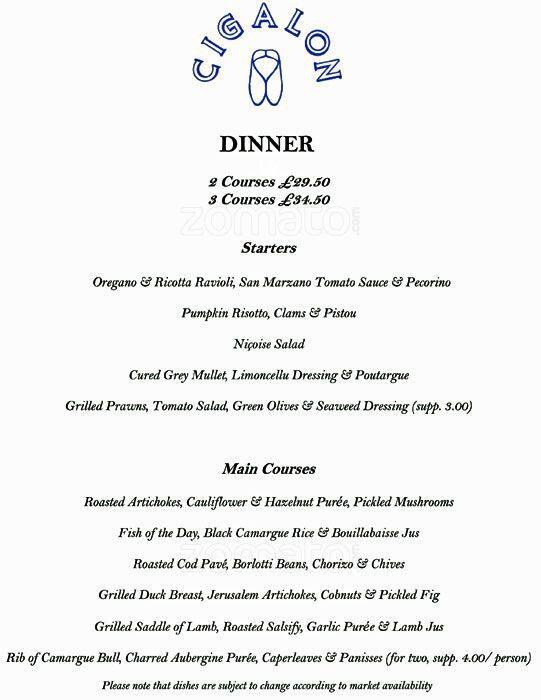 Menu at Cigalon restaurant, London