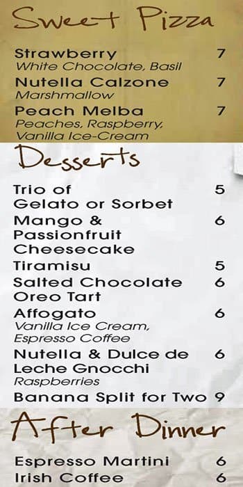 Menu at Mayfair Pizza Co pizzeria, London