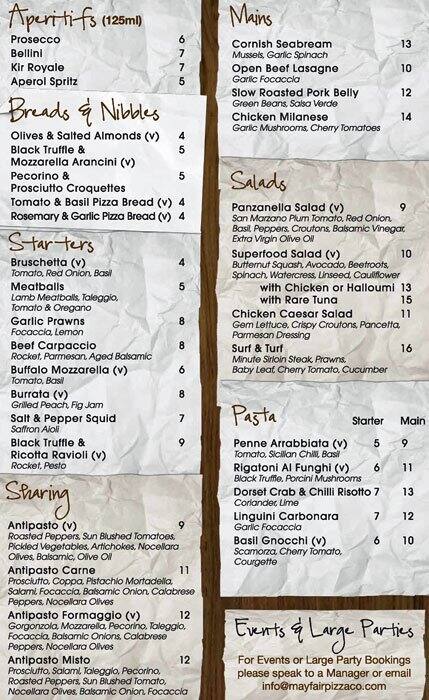 Menu at Mayfair Pizza Co pizzeria, London