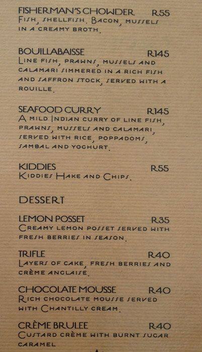 Menu au Southern Cross Seafood Deli restaurant, Le Cap, Palmyra Junction