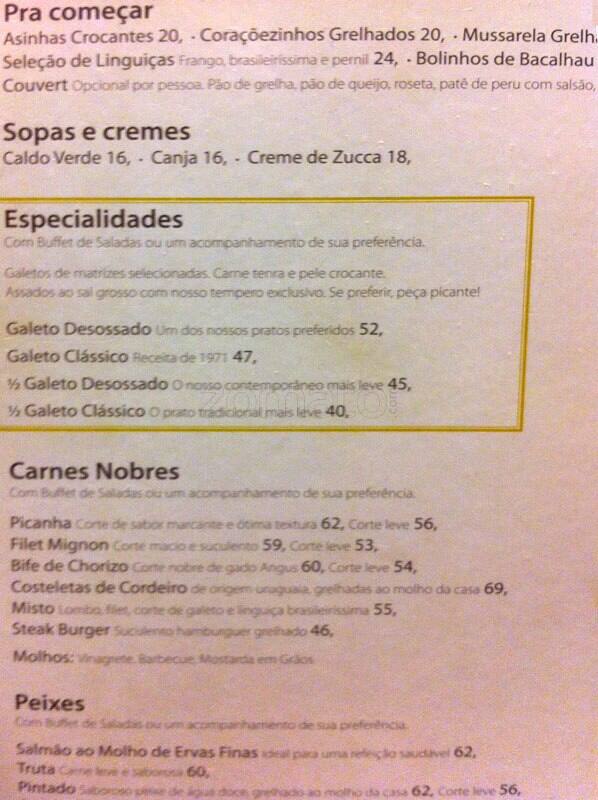 Carta del restaurante Galeto's - Shopping Pátio Paulista, São Paulo, R ...