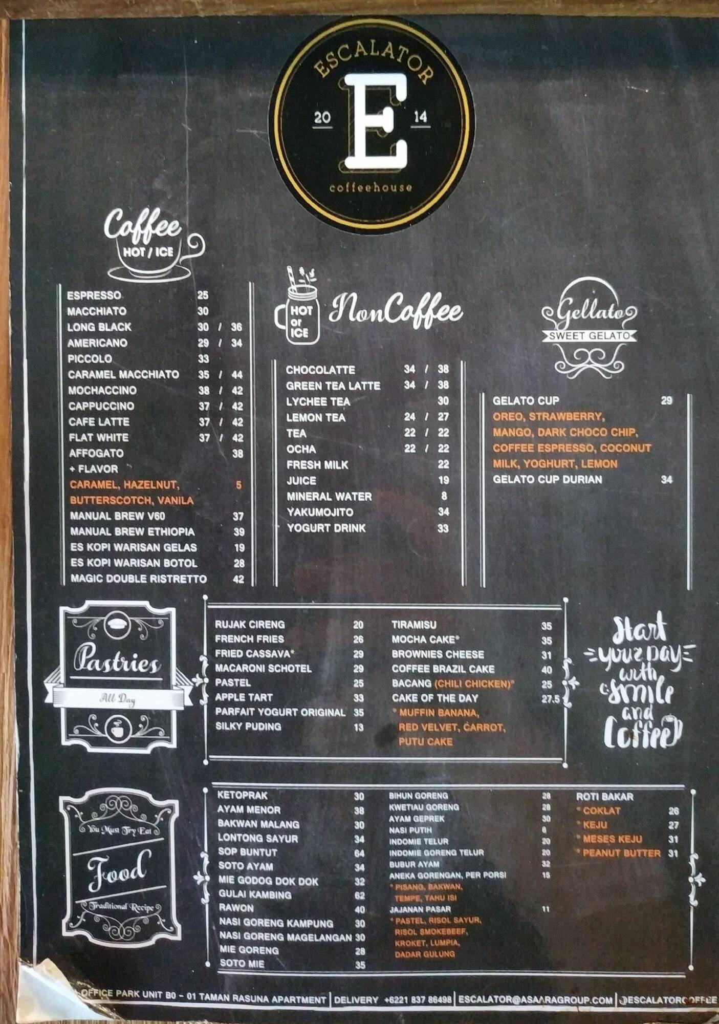Menu at escalator coffeehouse cafe, South Jakarta, Rasuna Office Park
