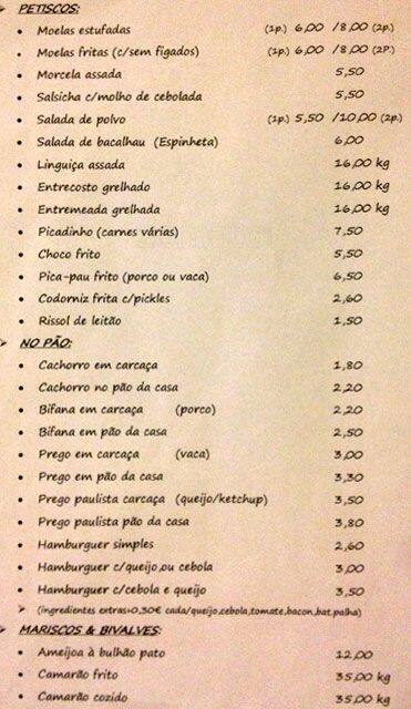 Menu at Bota Sal cafe, Lisbon