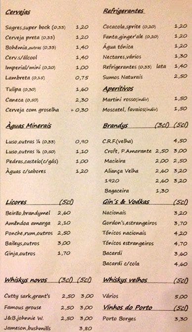 Menu at Bota Sal cafe, Lisbon