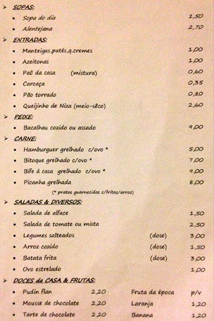 Menu at Bota Sal cafe, Lisbon
