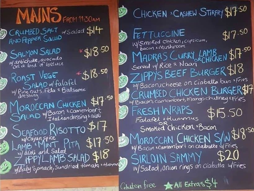 Menu at Zippy Central cafe, Rotorua