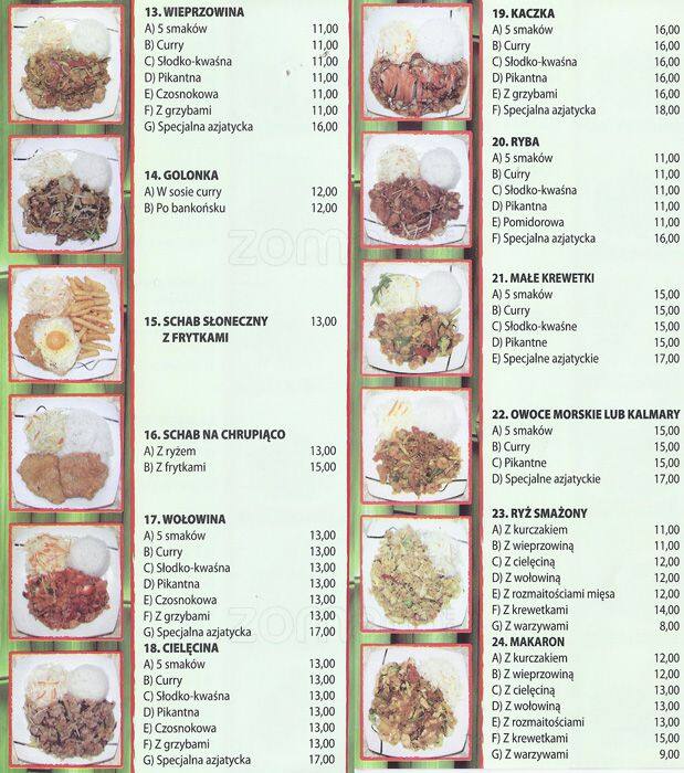 Menu at Zakątek Azji restaurant, Warsaw