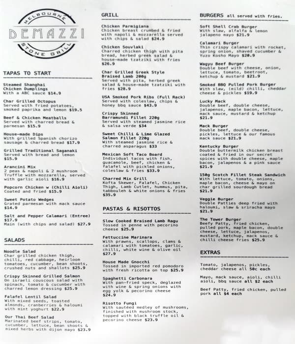 Menu at Demazzi Stone Grill, Essendon