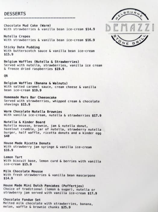 Menu at Demazzi Stone Grill, Essendon
