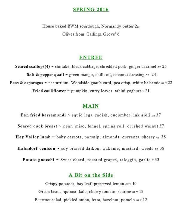 Menu at The Bridgewater Mill restaurant, Bridgewater, 386 Mount Barker Rd