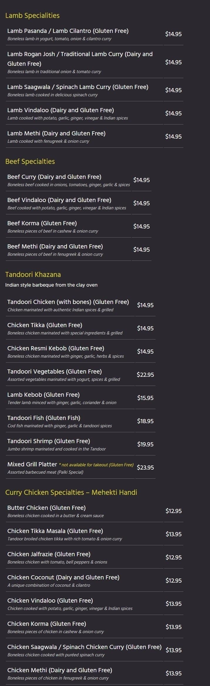 Menu at Palki Restaurant, North Vancouver