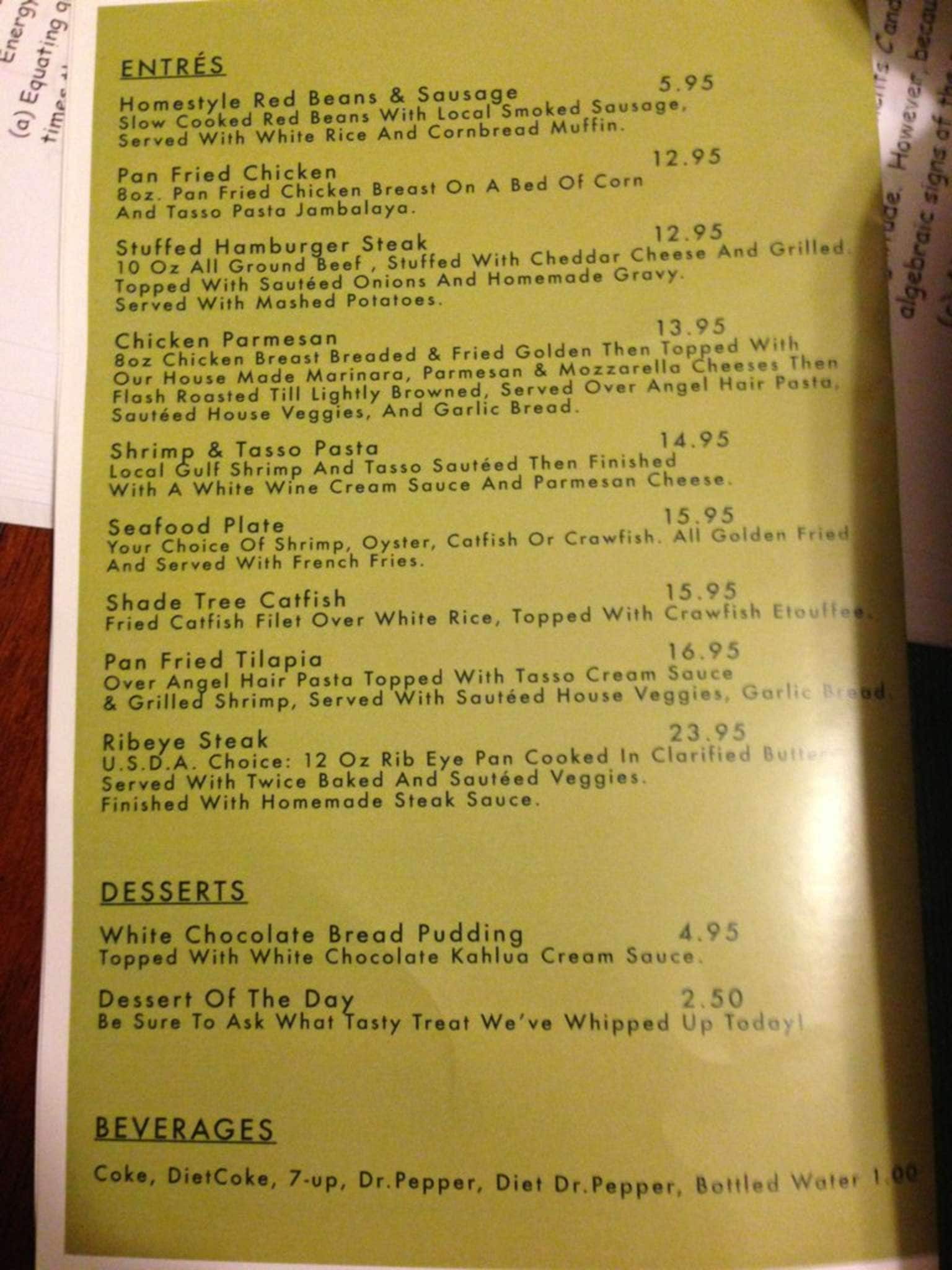 Menu at Shade Tree Cafe, Broussard