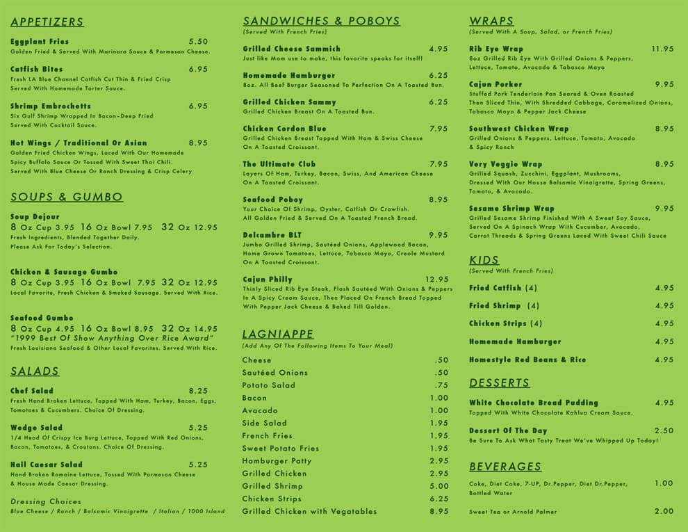 Menu at Shade Tree Cafe, Broussard