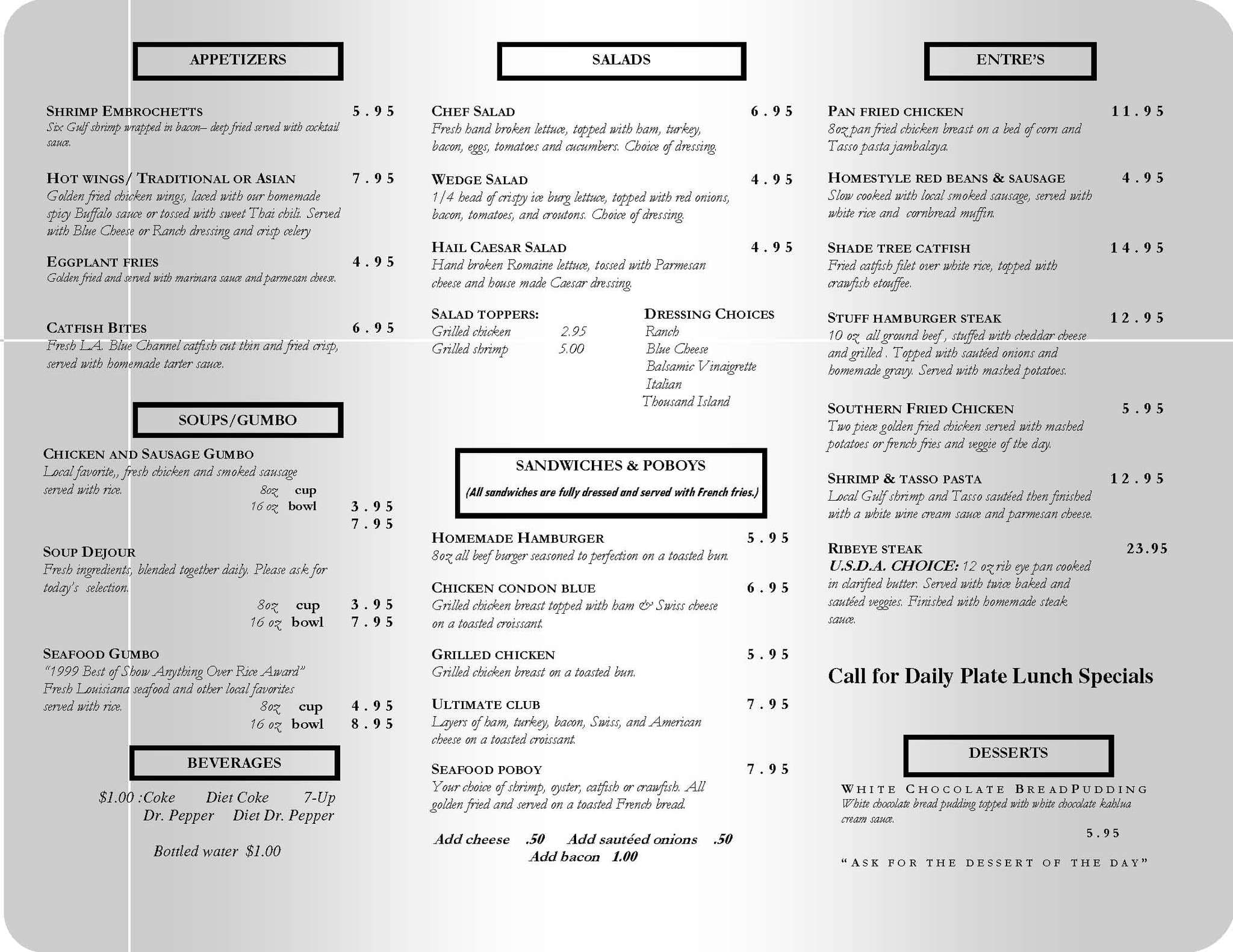 Menu at Shade Tree Cafe, Broussard