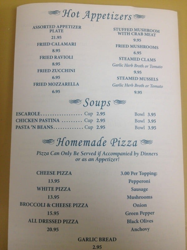 Menu at The Ravioli House restaurant, Wildwood