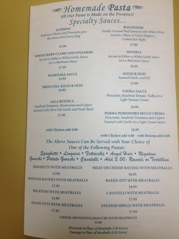 Menu at The Ravioli House restaurant, Wildwood