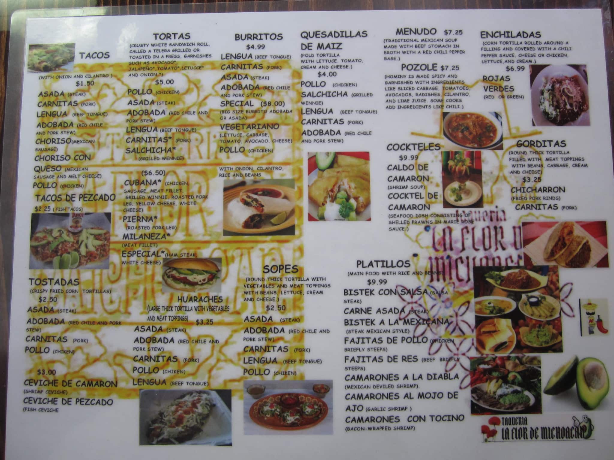 Menu at La Flor de Michoacán pub & bar, Spokane