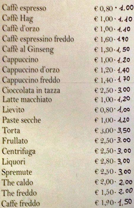 Menu at Gregory Bar, Rome