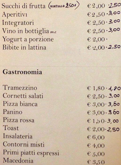 Menu at Gregory Bar, Rome