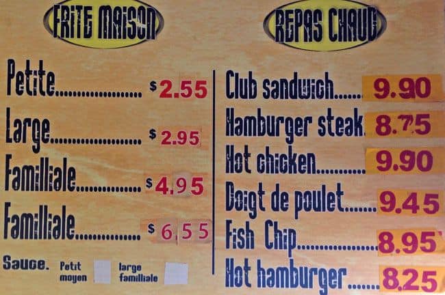 Menu at Chez Fritz restaurant, Gatineau