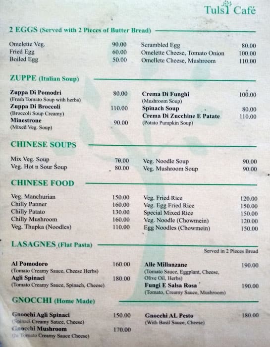 Menu at Tulsi Cafe rishikesh, Rishikesh