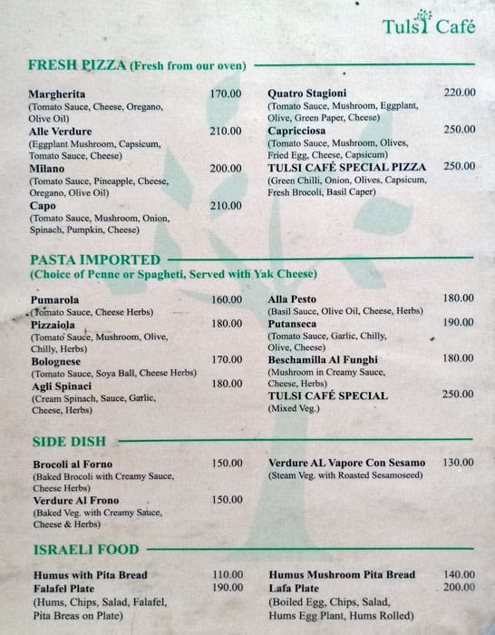 Menu at Tulsi Cafe rishikesh, Rishikesh
