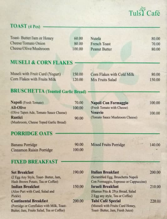Menu of Tulsi Cafe, Tapovan, Rishikesh