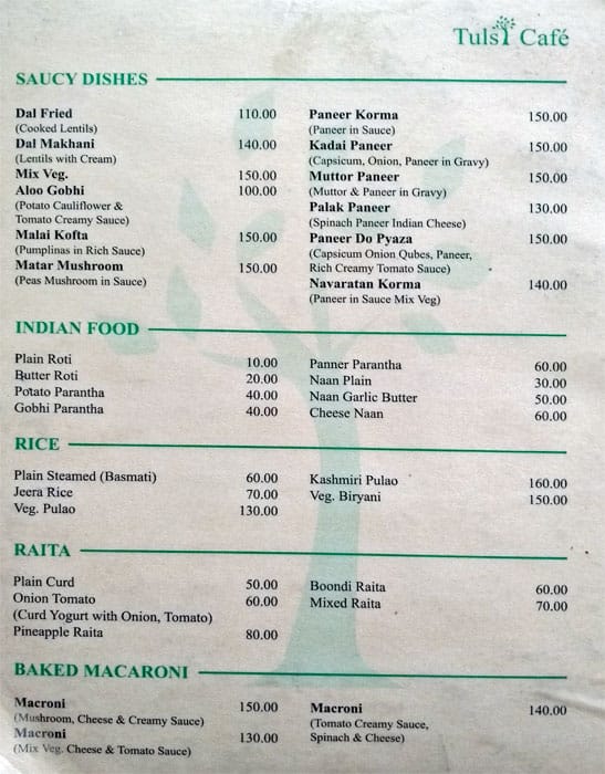 Menu at Tulsi Cafe rishikesh, Rishikesh