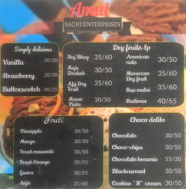 Menu at Amul Ice Cream Parlour, Nashik